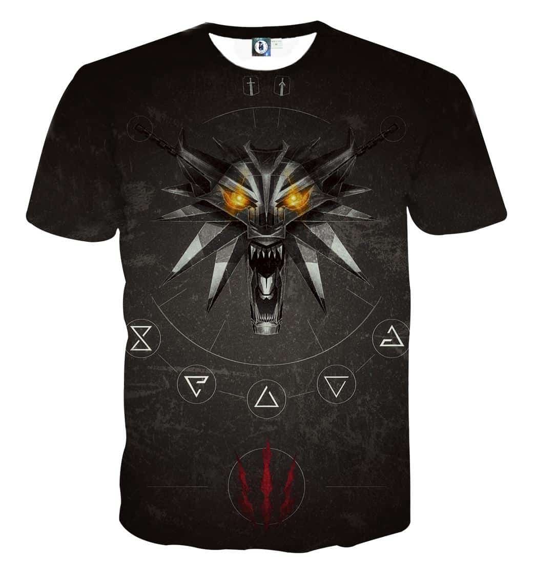 The Witcher 3 Wolf With Flaming Eyes Symbols Black T-Shirt ...